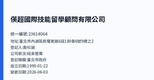 偀超國際技能留學顧問有限公司的照片-統編 23614064(臺北市) 公司登記資料與營業項目詳細圖表