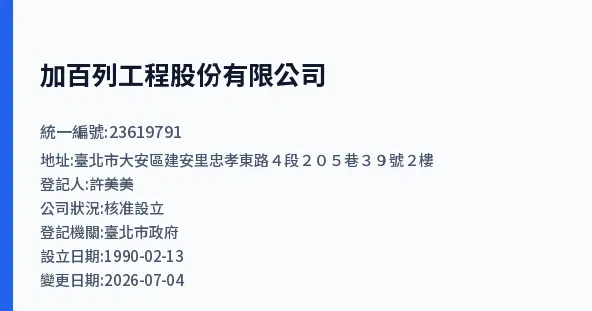 加百列工程股份有限公司的照片-統編 23619791(臺北市) 公司登記資料與營業項目詳細圖表
