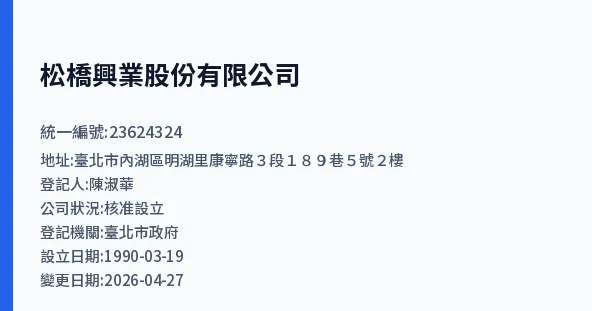 松橋興業股份有限公司的照片-統編 23624324(臺北市) 公司登記資料與營業項目詳細圖表