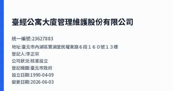 臺經公寓大廈管理維護股份有限公司的照片-統編 23627883(臺北市) 公司登記資料與營業項目詳細圖表