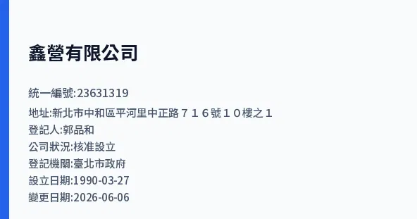鑫營有限公司的照片-統編 23631319(新北市) 公司登記資料與營業項目詳細圖表