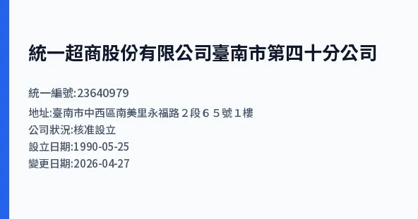 統一超商股份有限公司臺南市第四十分公司的照片-統編 23640979(臺南市) 公司登記資料與營業項目詳細圖表