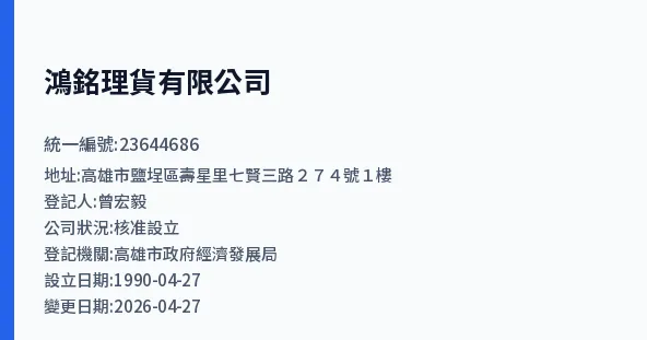 鴻銘理貨有限公司的照片-統編 23644686(高雄市) 公司登記資料與營業項目詳細圖表