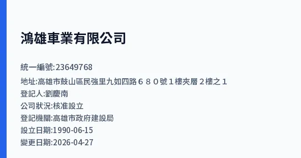 鴻雄車業有限公司的照片-統編 23649768(高雄市) 公司登記資料與營業項目詳細圖表