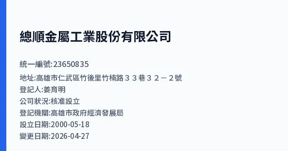 總順金屬工業股份有限公司的照片-統編 23650835(高雄市) 公司登記資料與營業項目詳細圖表