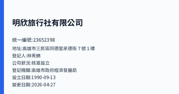 明欣旅行社有限公司的照片-統編 23652398(高雄市) 公司登記資料與營業項目詳細圖表