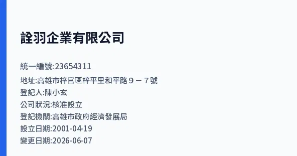 詮羽企業有限公司的照片-統編 23654311(高雄市) 公司登記資料與營業項目詳細圖表