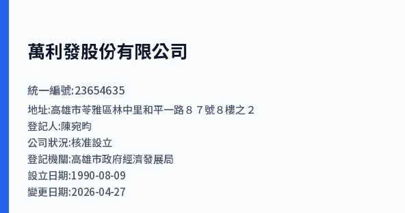 萬利發股份有限公司的照片-統編 23654635(高雄市) 公司登記資料與營業項目詳細圖表