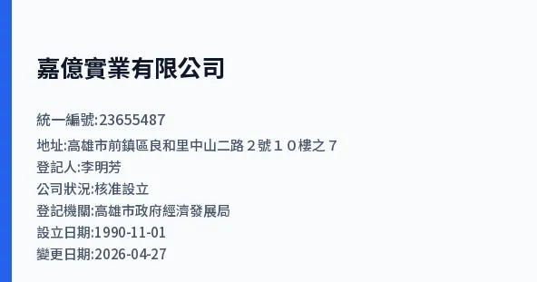 嘉億實業有限公司的照片-統編 23655487(高雄市) 公司登記資料與營業項目詳細圖表