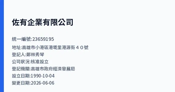 佐有企業有限公司的照片-統編 23659195(高雄市) 公司登記資料與營業項目詳細圖表
