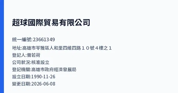 超球國際貿易有限公司的照片-統編 23661349(高雄市) 公司登記資料與營業項目詳細圖表