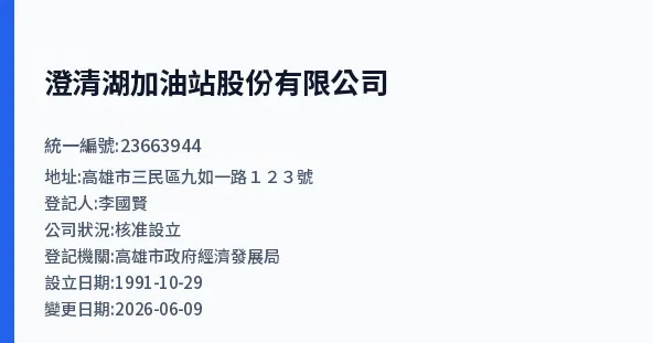 澄清湖加油站股份有限公司的照片-統編 23663944(高雄市) 公司登記資料與營業項目詳細圖表