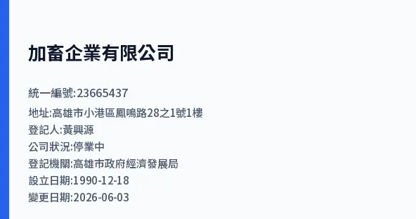 加畜企業有限公司的照片-統編 23665437(高雄市) 公司登記資料與營業項目詳細圖表