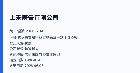 上禾廣告有限公司的照片-統編 23666294(高雄市) 公司登記資料與營業項目詳細圖表