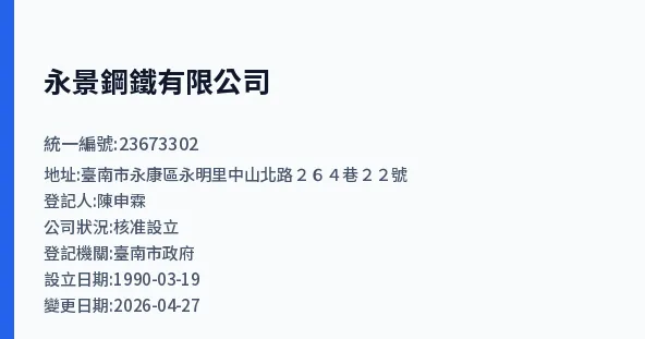 永景鋼鐵有限公司的照片-統編 23673302(臺南市) 公司登記資料與營業項目詳細圖表