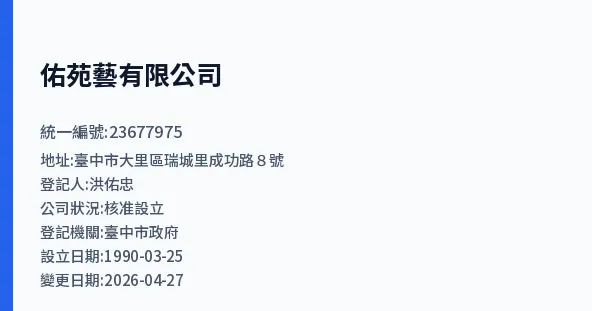 佑苑藝有限公司的照片-統編 23677975(臺中市) 公司登記資料與營業項目詳細圖表