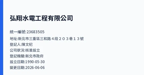 弘翔水電工程有限公司的照片-統編 23683505(新北市) 公司登記資料與營業項目詳細圖表
