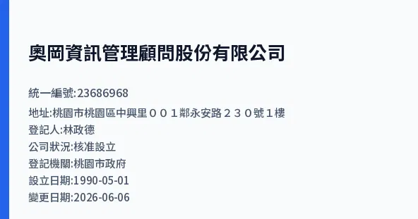 奧岡資訊管理顧問股份有限公司的照片-統編 23686968(桃園市) 公司登記資料與營業項目詳細圖表