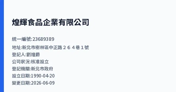 煌輝食品企業有限公司的照片-統編 23689389(新北市) 公司登記資料與營業項目詳細圖表