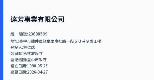 達芳事業有限公司的照片-統編 23698599(臺中市) 公司登記資料與營業項目詳細圖表