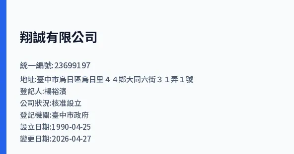 翔誠有限公司的照片-統編 23699197(臺中市) 公司登記資料與營業項目詳細圖表