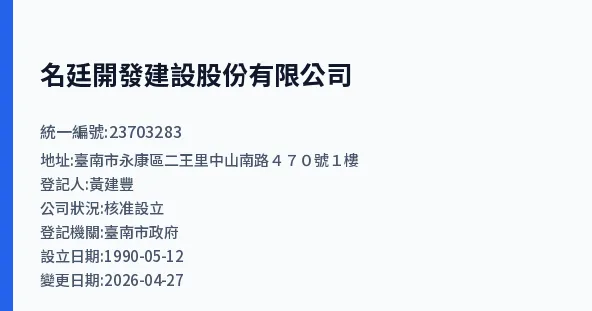 名廷開發建設股份有限公司的照片-統編 23703283(臺南市) 公司登記資料與營業項目詳細圖表