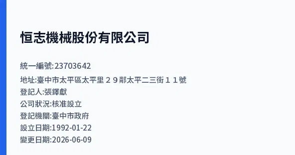 恒志機械股份有限公司的照片-統編 23703642(臺中市) 公司登記資料與營業項目詳細圖表