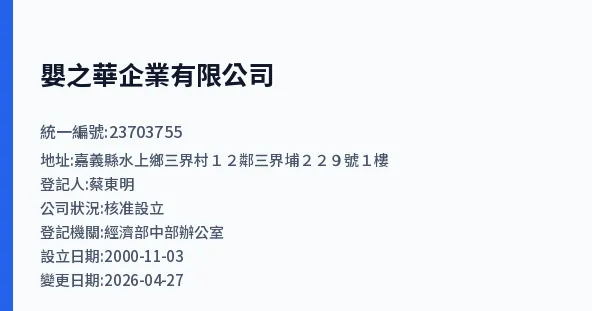 嬰之華企業有限公司的照片-統編 23703755(嘉義縣) 公司登記資料與營業項目詳細圖表