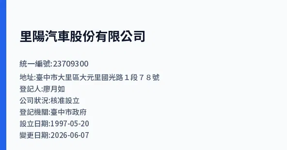 里陽汽車股份有限公司的照片-統編 23709300(臺中市) 公司登記資料與營業項目詳細圖表