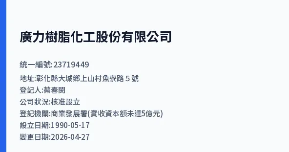 廣力樹脂化工股份有限公司的照片-統編 23719449(彰化縣) 公司登記資料與營業項目詳細圖表