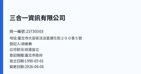 三合一資訊有限公司的照片-統編 23730303(臺北市) 公司登記資料與營業項目詳細圖表