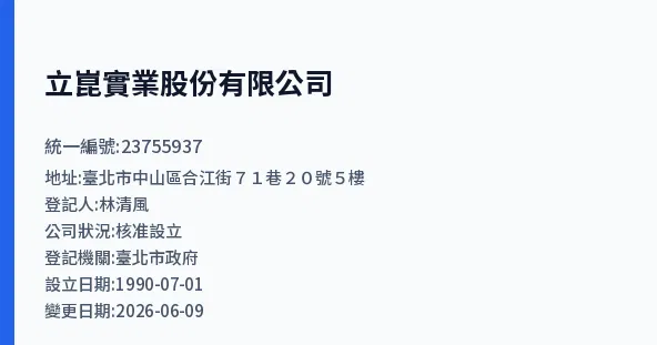 立崑實業股份有限公司的照片-統編 23755937(臺北市) 公司登記資料與營業項目詳細圖表