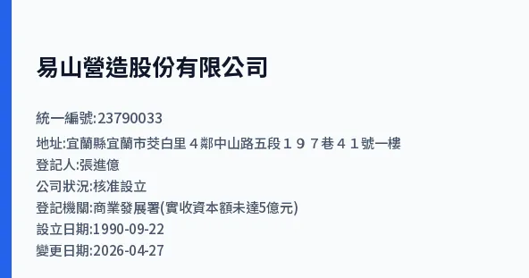 易山營造股份有限公司的照片-統編 23790033(宜蘭縣) 公司登記資料與營業項目詳細圖表