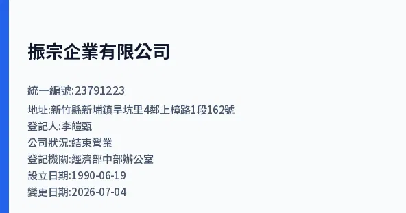 振宗企業有限公司的照片-統編 23791223(新竹縣) 公司登記資料與營業項目詳細圖表