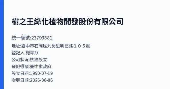 樹之王綠化植物開發股份有限公司的照片-統編 23793881(臺中市) 公司登記資料與營業項目詳細圖表