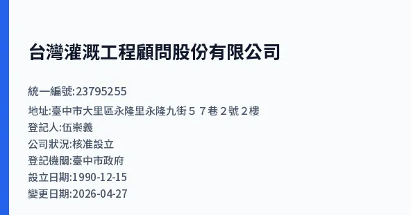 台灣灌溉工程顧問股份有限公司的照片-統編 23795255(臺中市) 公司登記資料與營業項目詳細圖表