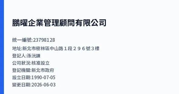 鵬曜企業管理顧問有限公司的照片-統編 23798128(新北市) 公司登記資料與營業項目詳細圖表