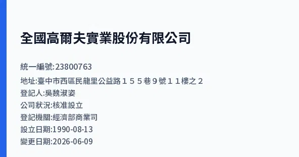 全國高爾夫實業股份有限公司的照片-統編 23800763(臺中市) 公司登記資料與營業項目詳細圖表