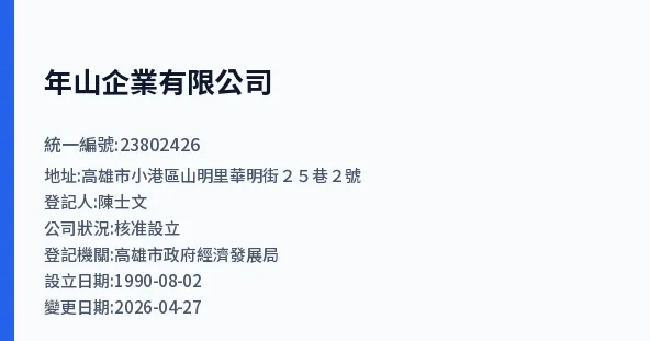 年山企業有限公司的照片-統編 23802426(高雄市) 公司登記資料與營業項目詳細圖表