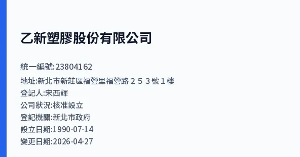 乙新塑膠股份有限公司的照片-統編 23804162(新北市) 公司登記資料與營業項目詳細圖表