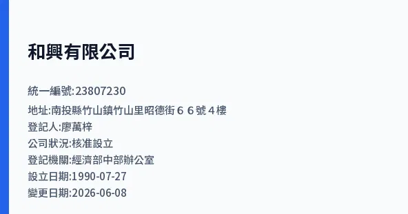 和興有限公司的照片-統編 23807230(南投縣) 公司登記資料與營業項目詳細圖表