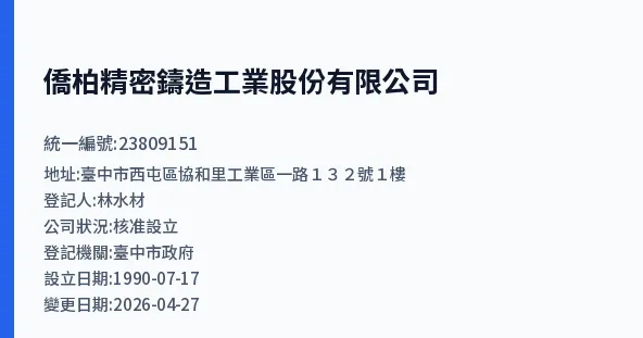 僑柏精密鑄造工業股份有限公司的照片-統編 23809151(臺中市) 公司登記資料與營業項目詳細圖表