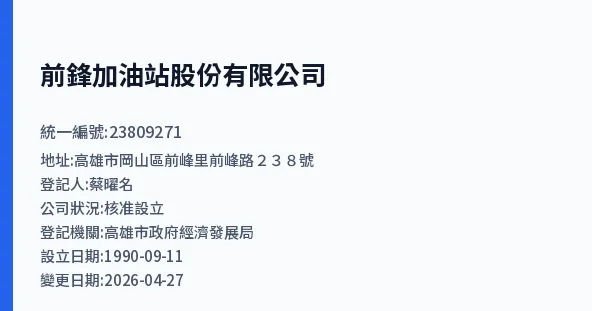 前鋒加油站股份有限公司的照片-統編 23809271(高雄市) 公司登記資料與營業項目詳細圖表