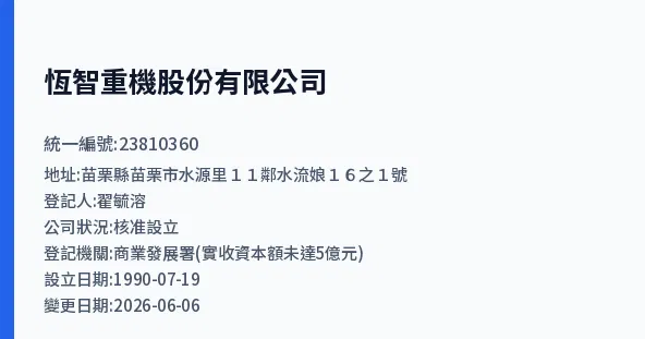 恆智重機股份有限公司的照片-統編 23810360(苗栗縣) 公司登記資料與營業項目詳細圖表