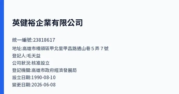 英健裕企業有限公司的照片-統編 23818617(高雄市) 公司登記資料與營業項目詳細圖表
