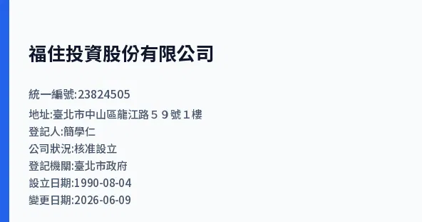 福住投資股份有限公司的照片-統編 23824505(臺北市) 公司登記資料與營業項目詳細圖表