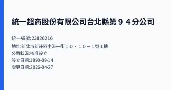 統一超商股份有限公司台北縣第94分公司的照片-統編 23826216(新北市) 公司登記資料與營業項目詳細圖表