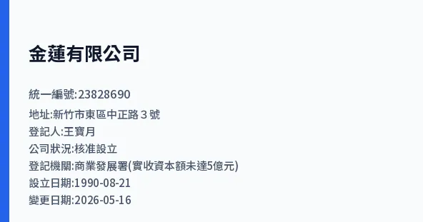 金蓮有限公司的照片-統編 23828690(新竹市) 公司登記資料與營業項目詳細圖表