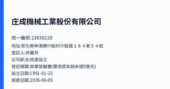 庄成機械工業股份有限公司的照片-統編 23836220(彰化縣) 公司登記資料與營業項目詳細圖表
