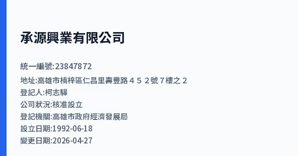 承源興業有限公司的照片-統編 23847872(高雄市) 公司登記資料與營業項目詳細圖表